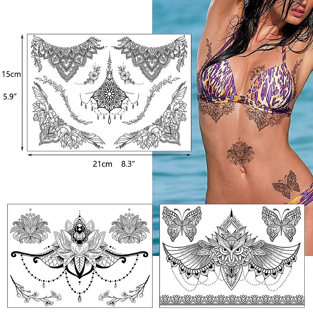 Glaryyears Black Lace Temporary Tattoo for Women Girls, 60+ Patterns 8 Pack Fake Mandara Flowers Tattoos Stickers, Sexy on Body Underboob Arm Chest Shoulder Thigh Abdomen Waist for Beach Party