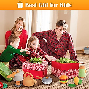 TUEHUTDE 50PCS Play Kitchen Accessories, Kids Kitchen Toy Toddler Cooking Playset with Play Pots and Pans, Kettle, Cups, Utensils Cookware Toys, Play Food, Toy Vegetables Fruit Gift for Girls Boys