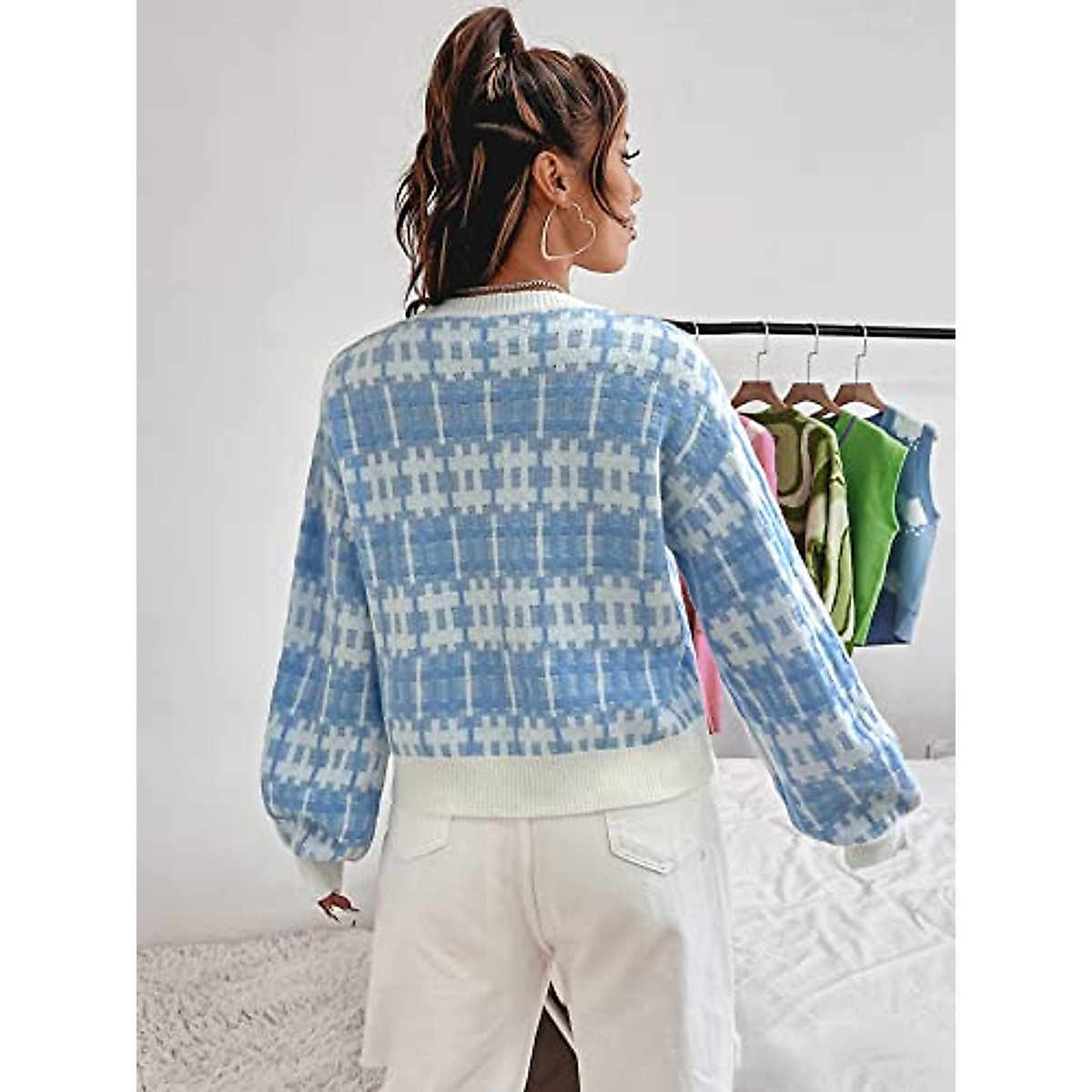 WDIRARA Women's Plaid Pattern V-Neck Long Sleeve Drop Shoulder Pullovers Sweater Blue M