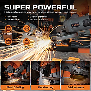KSEIBI KWS 20-180 Angle Grinder Machine 7inch, Long Handle Grinding Tool, Powerfull 15 AMP Motor for Concrete Cutting, Grinding and Polishing