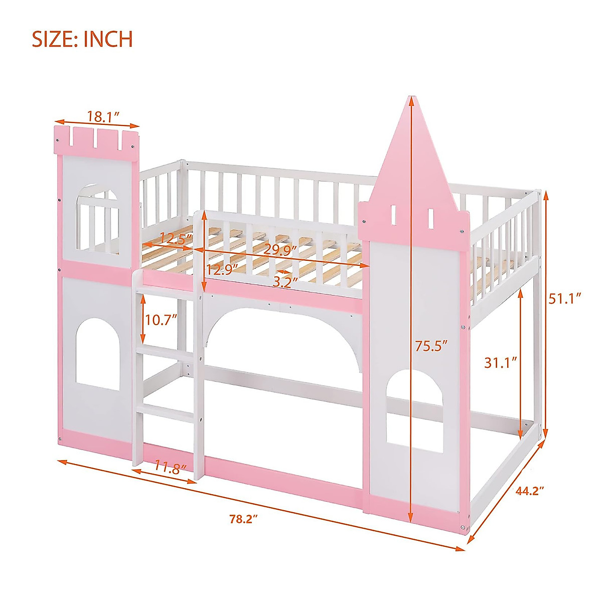 Harper & Bright Designs Twin Over Twin Kids Bunk Bed, Twin Loft Bed with Castle Shape Design, Wooden Floor Bunk Beds for Girls Boys Bedroom Dorm, Pink