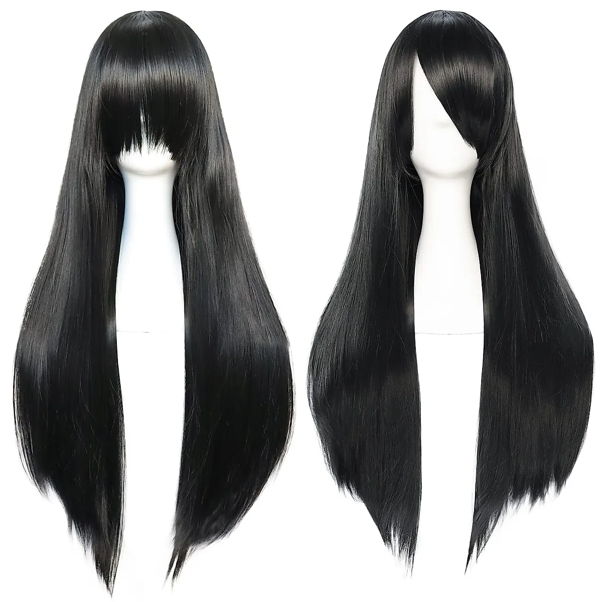 ANOGOL Hair Cap+32Inch/80cm Long Straight Black Wig Cosplay Synthetic Wig Long Black Wig with Bangs Peluca Negra Cosplay Wig for Halloween Anime Hair for Women Costume Party