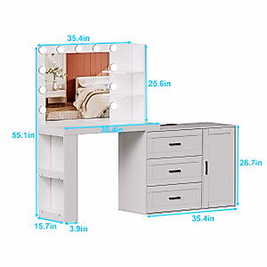 PAKASEPT Vanity Desk with Mirror and Lights, Makeup Vanities with Charging Station, White Vanity with 3 Color Lighting, Drawers, Hidden and Open Shelves, Girls Dressing Table for Bedroom