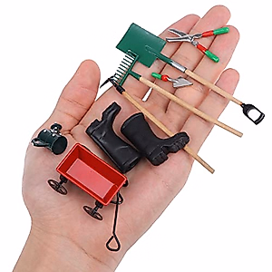 Haomian Miniature Fairy Garden Accessories Set 9 Pcs 1:12 Mini Metal Spade Pestle Kettle Wagon Rake Garden Watering Supplies Micro Landscape Ornaments Dollhouse Accessories