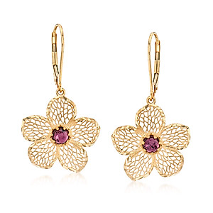 Ross-Simons Italian .90 ct. t.w. Garnet Flower Drop Earrings in 14kt Yellow Gold