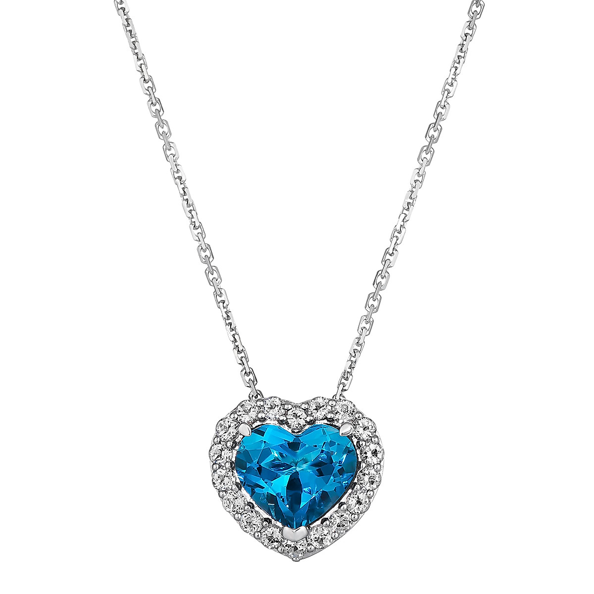 LE VIAN 2 1/2 Carat White and Blue Topaz Heart Halo Pendant Necklace for Women in 14k White Gold on 18 Inch Long Chain