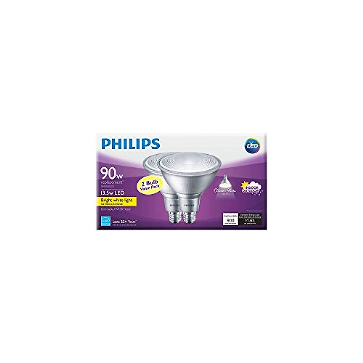 Philips LED Indoor/Outdoor Classic Glass Non-Dimmable PAR38 40-Degree Flood Light Bulb: 900-Lumen, 3000-Kelvin, 11-Watt (90-Watt Equivalent), E26 Base, Bright White, 8-Pack