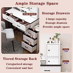 Makeup Desk With Drawers and Mirror Light Make Up Vanity Station Brightness Adjustable Vanity Table Set With Lots Storage Hidden And Open Storage Shelves White Vanity Desk Vanity for Women Girls