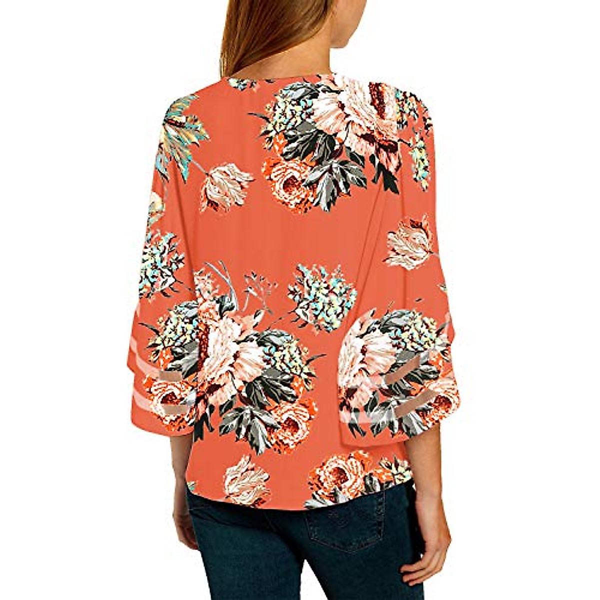 LookbookStore Women Floral Tops fpr Women 3/4 Sleeve Tops Blouse Trendy V Neck Floral Printed Going Out Tops Blouse 3/4 Bell Sleeve Loose Summer Top Shirt Salmon Size S Womens Tops Size 4 Size 6