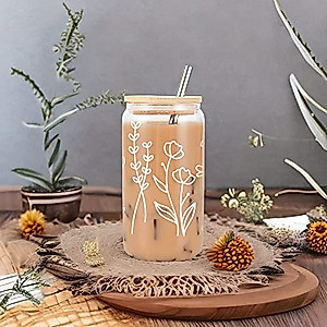 Coolife Floral Iced Coffee Cup - 16oz Can Shaped Drinking Glass Cup w/Bamboo Lid Straw - Aesthetic Cups, Glass Coffee Tumbler, Flower Glass Cups for Beer Smoothie - Birthday Aesthetic Gifts for Women