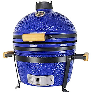 RJMOLU Large BBQ Grill, 16" Barbecue Grill Smoker BBQ Grill with 2 Foldable Wooden Side Shelves, Ceramic Barbecue for Picnic Garden Terrace Camping Travel,Blue