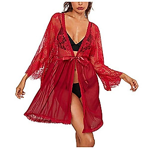 wodceeke Women's Sexy Lace Cardigan Nightgown See-through Embroidered Nightgown With Tight Belt (Red, L)