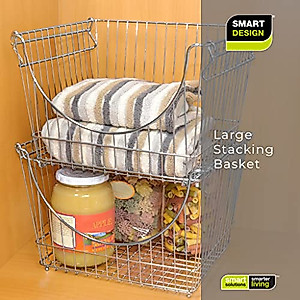 Smart Design Stacking Baskets with Handles - Set of 6 Large - Steel Metal Wire - Fruit Produce Vegetable Safe Storage Bin Organizer Pantry Counter Stand Rack - 12.5 x 8.5 Inch - Chrome