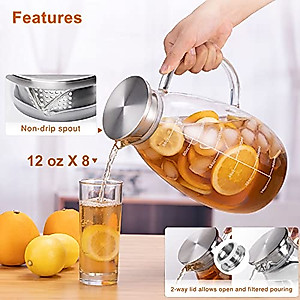 Glass Pitcher, 91 oz/2.7L Glass Water Pitcher with Lid and Handle, Carafe Pitcher for Beverage, Hot Cold Drinking, Boiling water on electric stove, Stainless Steel Lid and Borosilicate Glass