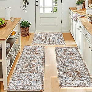 Pauwer Boho Kitchen Rugs Sets of 3 Non Slip Rubber Kitchen Mats for Floor Waterproof Kitchen Rugs and Mats Washable Farmhouse Kitchen Area Rug Floor Carpet Runner Rugs for Hallway Laundry Room