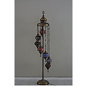 LaModaHome Handmade, Tiffany Style Glass, Turkish/Moroccan Lantern Ottoman Style Mosaic Floor Lamp (Red, 7 Globes)
