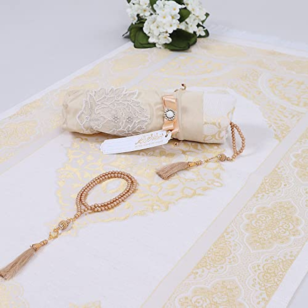 Islamic Elite Favors Personalized Muslim Lightweight Travel Prayer Rug Beads Set, Prayer Mat Tasbeeh Set, Ramadan Eid Hajj Umrah Wedding Birthday Graduation Mother's Day (Gold)