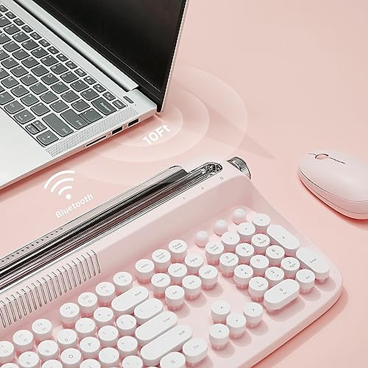 YUNZII ACTTO B503 Wireless Typewriter Keyboard, Bluetooth Connection, Cute Retro Aesthetic Design with Integrated Stand for Tablet, Phone, PC and Win/Mac/Android (B503, Baby Pink)