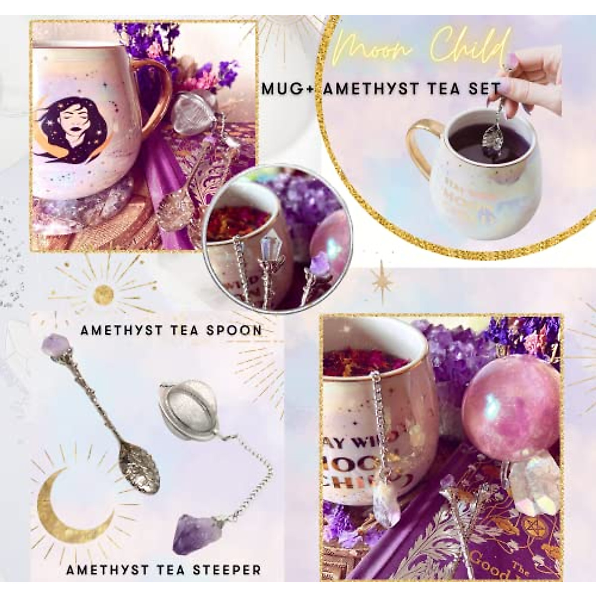 HOLY SANTO Fancy Coffee Mug Gift Set - Stay Wild Moon Child Witchy Mug with Crystal Spoon and Crystal Tea Infuser - Goth Novelty Mugs for Women Wife Mothers Day Witch Gifts, 500ml Ceramic Tea Cup