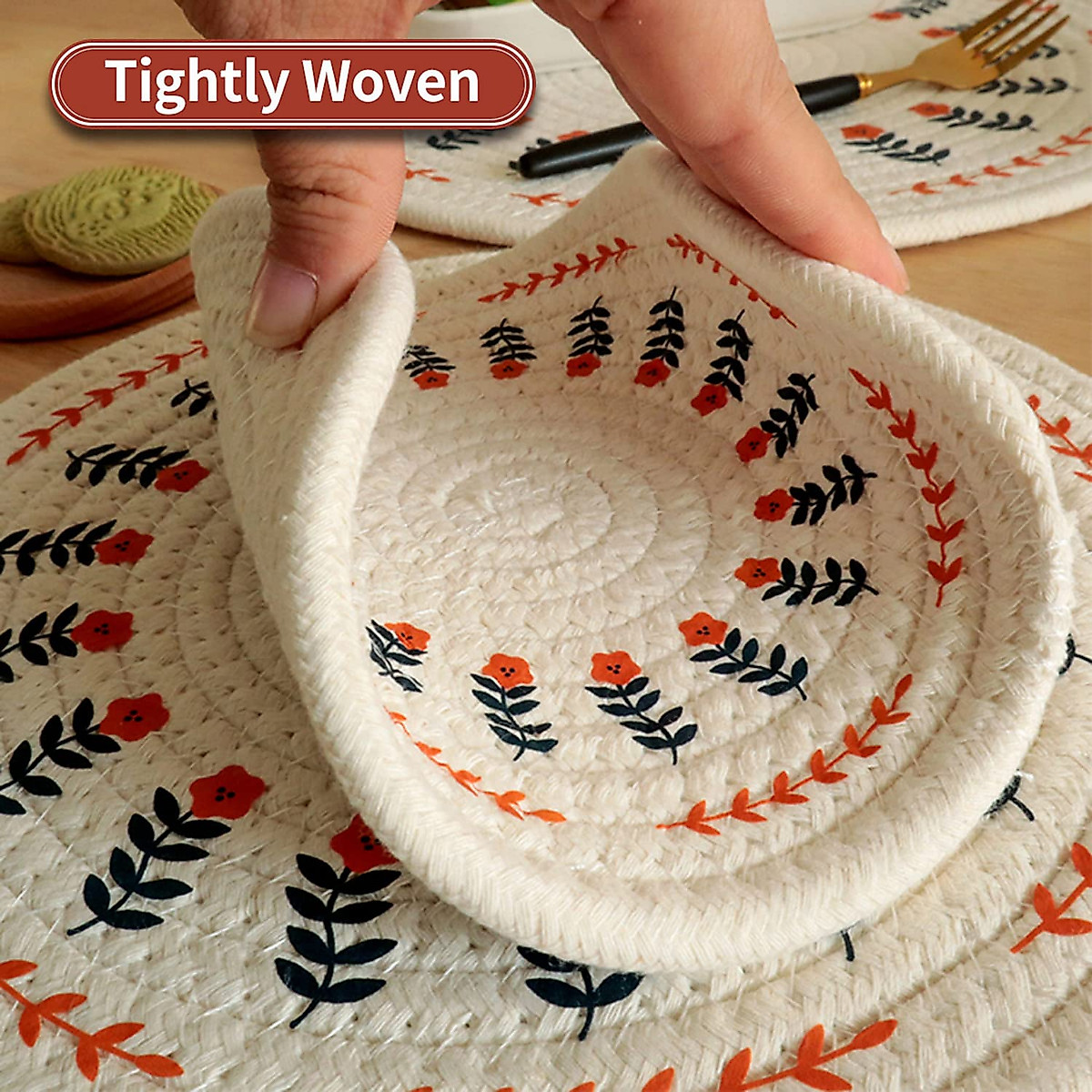 YONOVO Thanksgiving 9.5" Cotton Trivets Set, 3Pcs Pot Holders Woven Large Hot Pads Mats Thick Heat Resistant for Hot Pots and Pans Round Hot Plate Holder Washable Potholders Kitchen Farmhouse