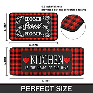 Sianseir Red and Black Buffalo Plaid Kitchen Mat Set of 2, Non Slip Washable Home Decor Kitchen Rugs and Mats for Floor Comfort Standing Mats for Kitchen, Sink, Office, Laundry 17"x47"+17"x30"