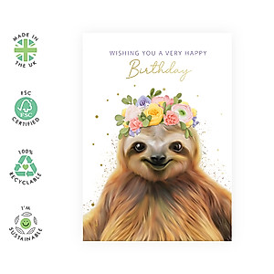 CENTRAL 23 Happy Birthday Card For Him Her - Floral Sloth - Kids Birthday Cards - Birthday Gift For Sister Son Daughter Nan Granddaughter - Comes With Fun Stickers
