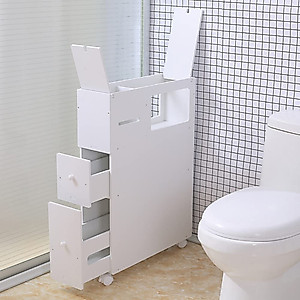 KONKENIE 4 Tier Slim Toilet Side Cabinet Bath Narrow Corner Floor Cabinet with Wheels 2 Drawer Bathroom Storage Cabinet with Shelf Toilet Paper Holder Towel Organizer Vertical for Small Space White