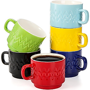 AVLA 6 Pack Stackable Coffee Mugs, 12 Ounce Porcelain Latte Cup with Handle, Ceramic Mugs Set for Specialty Coffee Drinks, Hot Chocolate, Cappuccino, Mocha and Tea, Assorted Colors