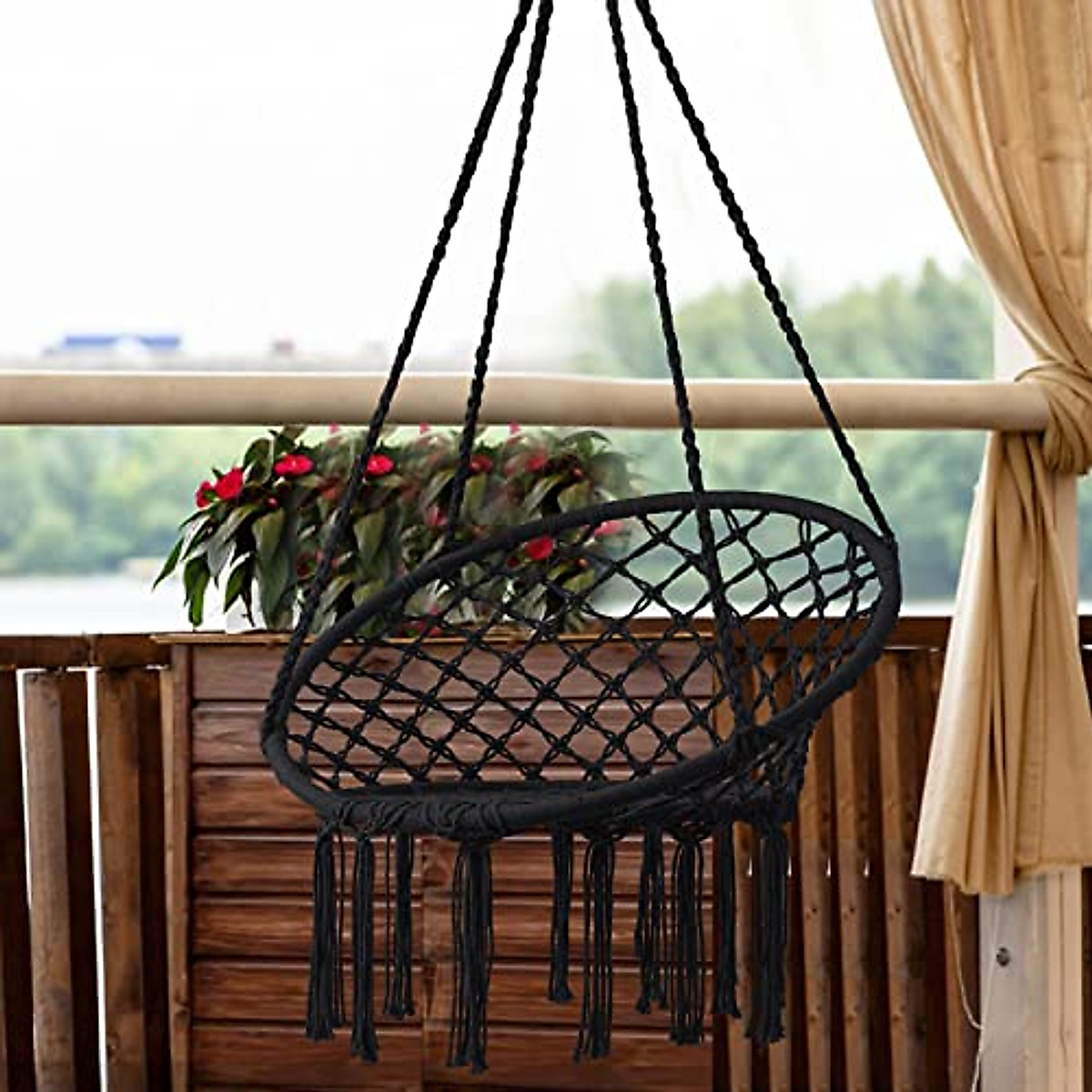 HBlife Hammock Chair, Hanging Swing with Macrame, Max 330 Lbs, Black Hanging Cotton Rope Chair for Indoor, Outdoor, Bedroom, Patio, Yard, Deck, Garden and Porch, for Child
