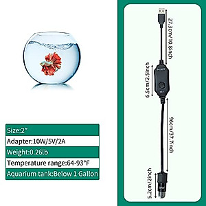 USB Adjustable 10W Mini Aquarium Heater Submersible Fish Tank Heater,Small Fish Tank Heater with LED Digital Display Thermostat, Betta Heater Turtle Heater for 1-2 Gallon Tanks