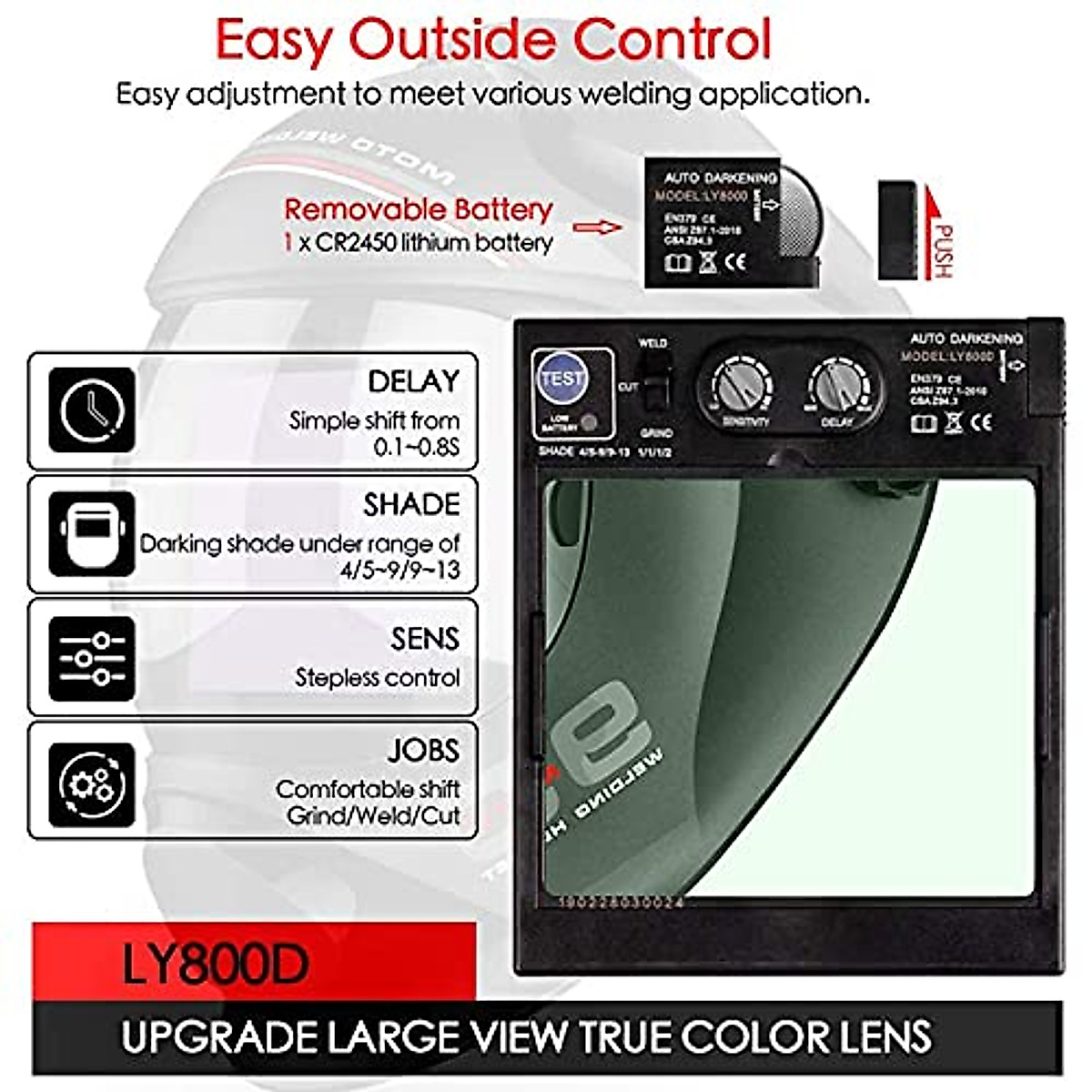 TEKWARE Ultra Large Viewing Screen True Color Solar Power Auto Darkening Welding Helmet, Hemispherical 4C lense, 4 Arc Sensor Wide Shade 4~5/9-9/13 for TIG MIG Arc Weld Grinding Welder Mask