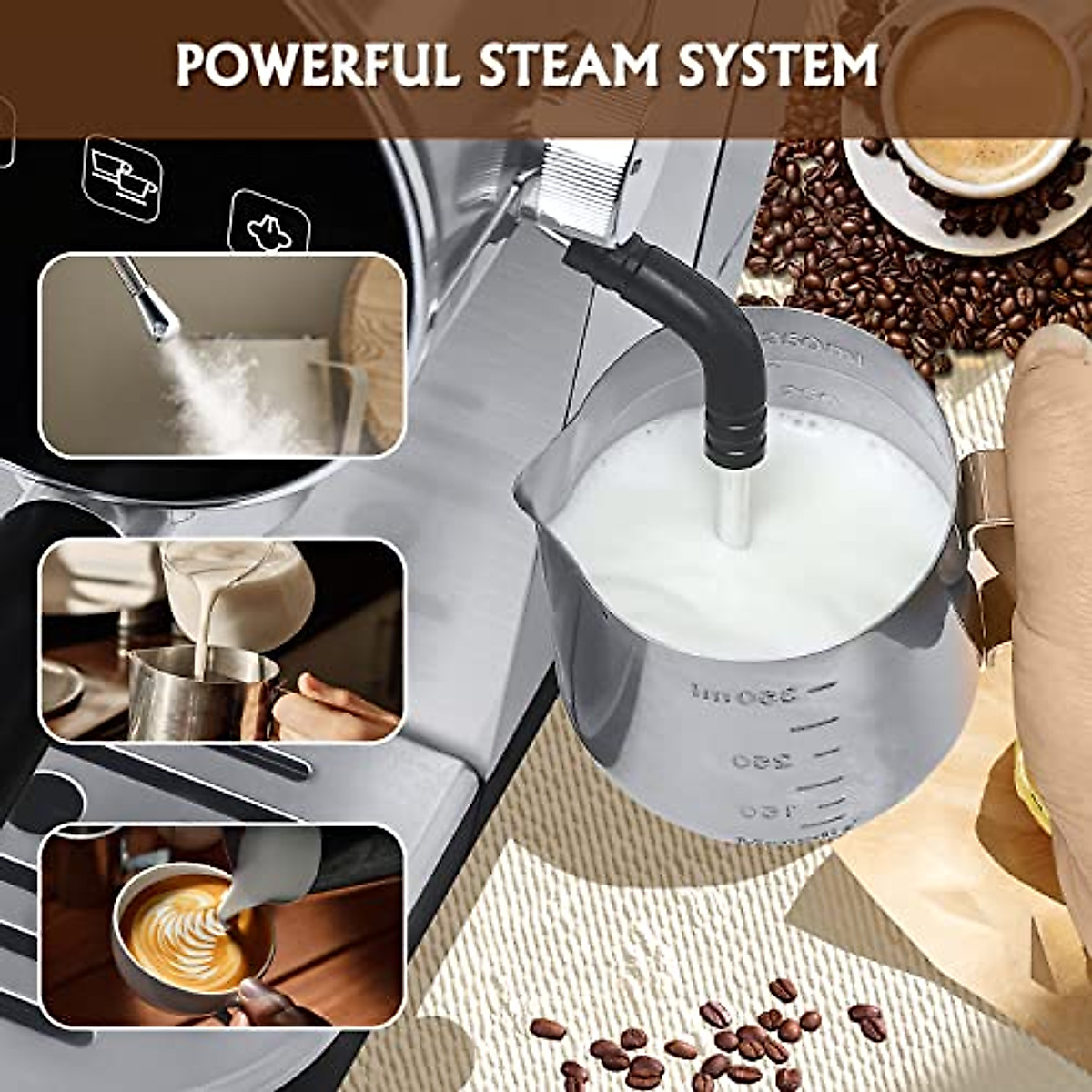skyehomo Espresso Machine, 20 Bar Espresso Coffee Maker with Milk Frother Steamer, Espresso and Cappuccino latte Maker, Espresso Coffee Machine with Digital Touch Panel, 1250W, Stainless Steel