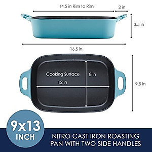 Rachael Ray NITRO Cast Iron Roasting Lasagna Pan/Baking Dish, Roaster/Rectangular, 9 Inch x 13 Inch, Agave Blue