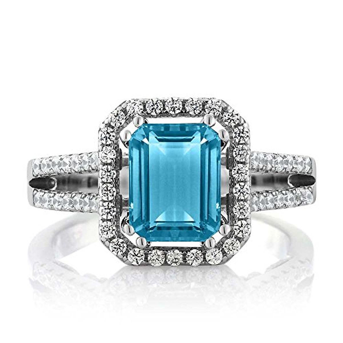 Gem Stone King 2.78 Cttw 925 Sterling Silver Swiss Blue Topaz Engagement Ring For Women | Gemstone Birthstone | Emerald Cut 9X7MM | Available In Size 5,6,7,8,9