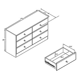 Prepac Astrid 6 Drawer Double Dresser For Bedroom, 16" D x 47.25" W x 28.25" H, Black