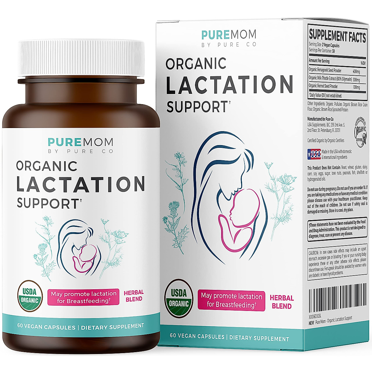 USDA Organic Lactation Supplement - Increase Milk Supply with Herbal Breastfeeding Support - Aid for Mothers - Organic: Fenugreek Seed, Fennel & Milk Thistle - 60 Vegan Capsules (No Pills or Cookies)