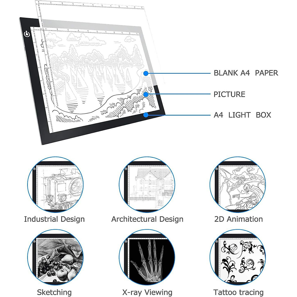 Black A4 Dimmable LED Artcraft Light Box Tracer Slim Light Pad Portable Tablet, USB Power Cable Copy Drawing Board Tracing Table for Artists Designing, Animation, Sketching, Stenciling X-ray Viewing