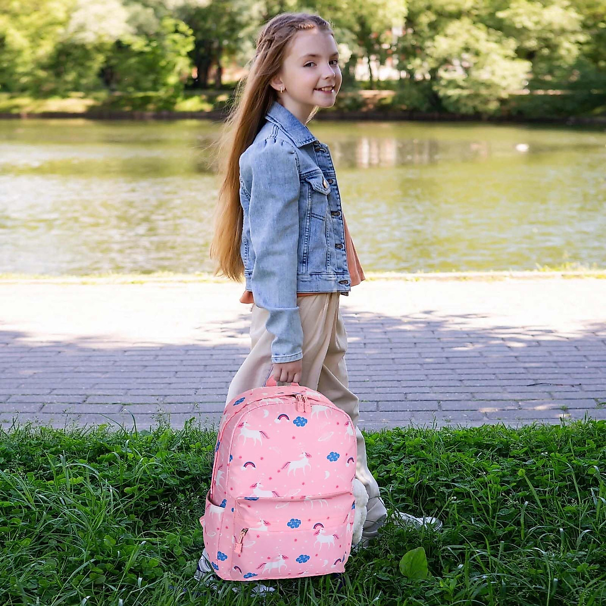 SCIONE Cute School Backpack for Girls, Teens School Bag with USB Charging Port Water-Resistant Pink Canvas Bookbag, Preschool Daypack Elementary BackBag, Back to Shool Supplies Gifts for Kids