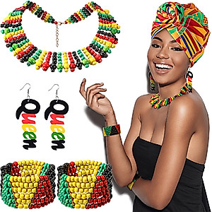 Yinkin Women&#039;s 5 Pcs African Jewelry Set: 1pcs Kente Print Headwrap, 1pair Earrings, 2pcs Beaded Bracelets (Stretch), 1pcs Necklace (Rustic, Multicolor)