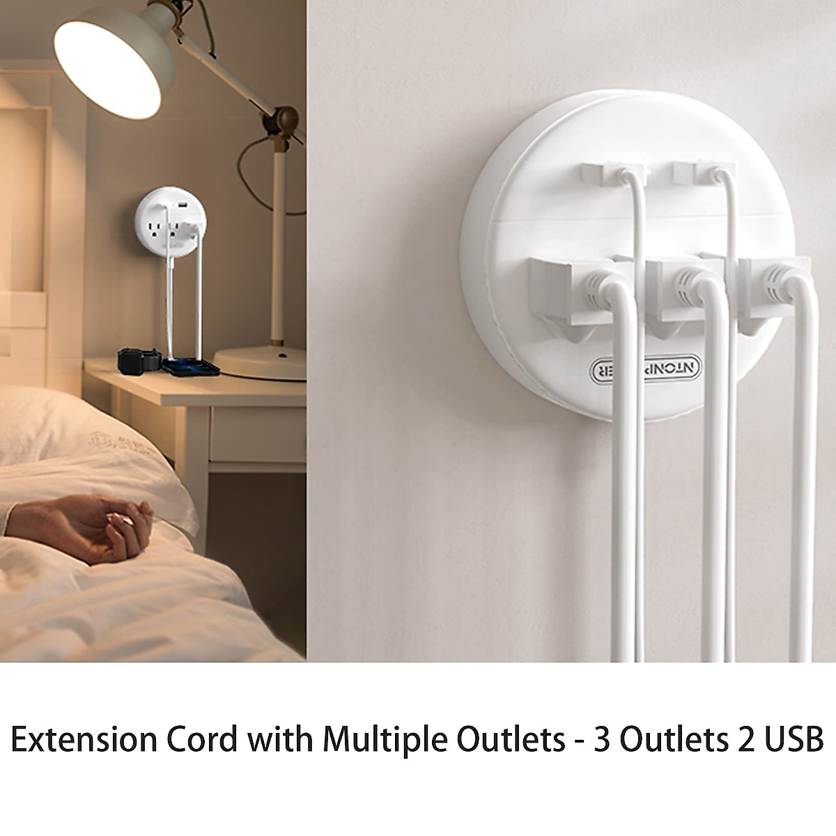Extension Cord 25ft, NTONPOWER Power Strip with Long Extension Cord, 3 Outlet 2 USB Compact Desktop Charging Station Wall Mount for TV Living Room, Dorm, Office and Nightstand - White