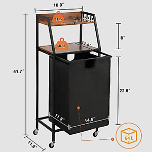 Timberer Laundry Hamper, Laundry Sorter, Rolling Laundry Basket with Wheels, 2 Shelves, 16.9 Gal(64L), Pull-Out and Removable Laundry Bags, for Laundry Room, Black and Rustic Brown