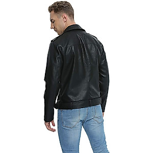 Fahsyee Leather Jackets for Men, Faux Bomber Jacket Mens Motorcycle Lapel Asymmetric Zip-Up Belt Slim Fit Biker Coat Black M