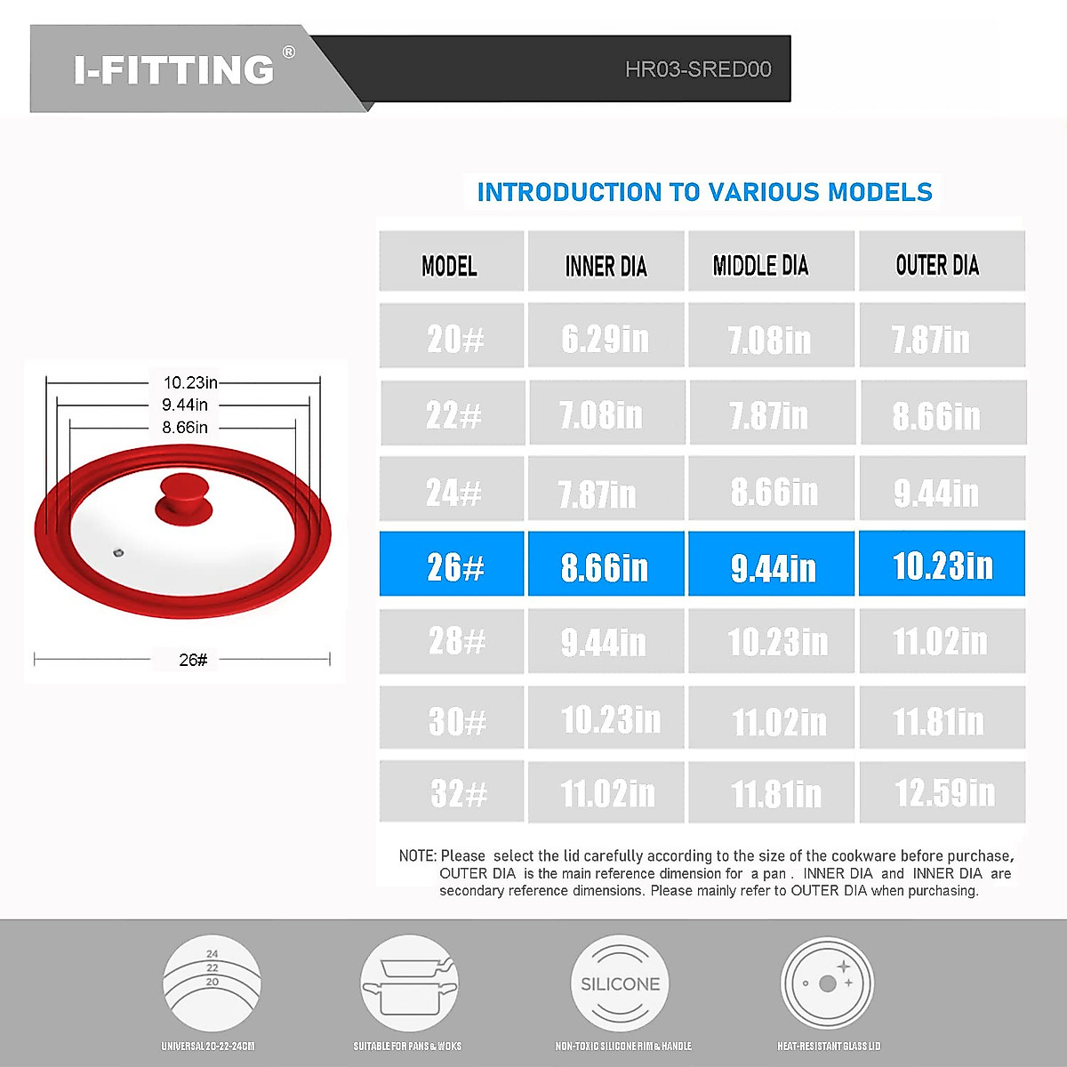 Universal Lid for Pot,Pan,Skillet Fits 8.5", 9.5,10 Cookware Silicon lid Dishwasher Safe, Replacement Lid Vented Tempered Glass with Heat Resistant Silicone Rim By HR Huare Technology, Red,1 Pack