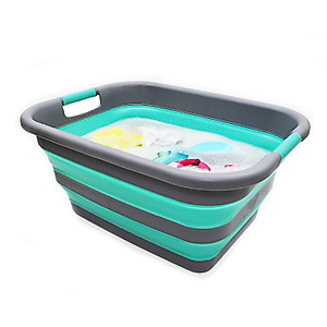 SAMMART 41L Set of 2 Collapsible Plastic Laundry Basket - Foldable Pop Up Storage Container/Organizer - Portable Washing Tub - Space Saving Hamper/Basket (2, Grey/Turquoise Blue)