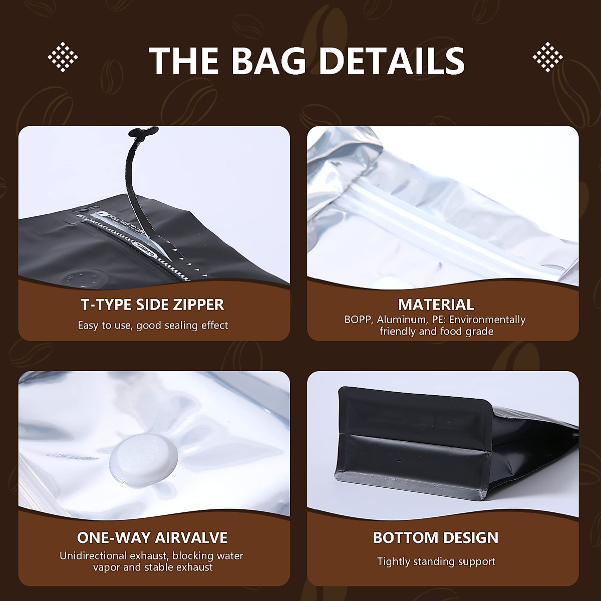 Coffee Bags with Valve - 50 Count Resealable Flat Bottom Pouch - 1 Pound Vented Coffee Packages Bags with Zipper by Absorated