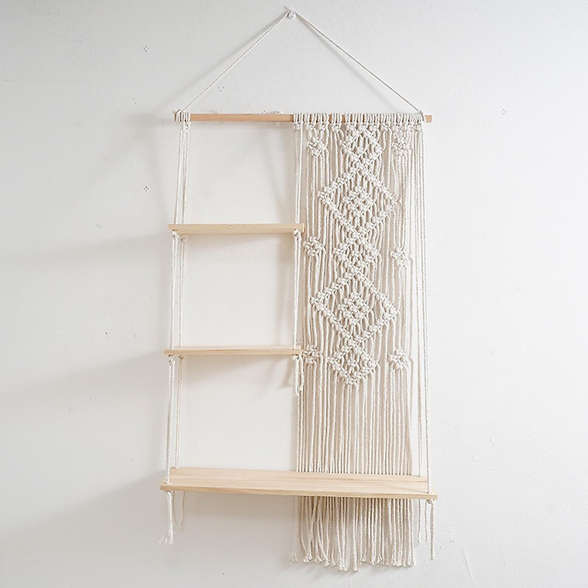 MIATTCLD Macrame Wall Hanging Shelf Boho Wood Floating Storage Shelf, 3 Tier Display Shelving for Hanging Plants Photos, Rustic Wall Decor with Tassel and Woven Rope for Home Bedroom Living Room