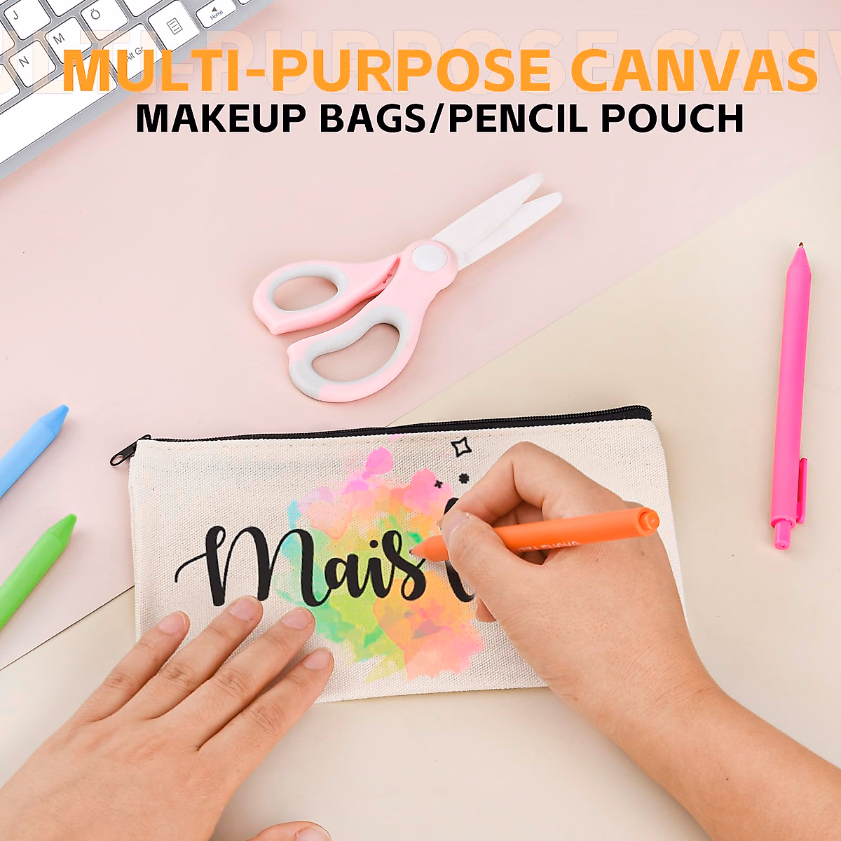 14Pieces 8 x 5 Inch Blank Craft DIY Canvas Pen Pencil Case- Cotton Canvas Invoice Bill Bag Makeup Bag Cosmetic Bag Multipurpose Travel Toiletry Pouch with Black Zipper…