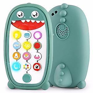Baby Dinosaur Cell Phone Toy Removable Soft Teether Case, Lights, Music & Adjustable Volume Kids Play & Learn Pretend Phone Infant Toddler, Preschool Holiday Birthday Gift Girl Boy 18 Months (Green)
