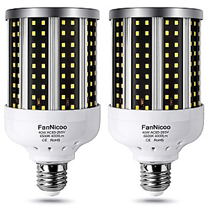 LED Corn Light Bulb 2 Pack 280W Equivalent Cool Bright Daylight White 40W 6500K 4000 Lumen E26/E27 Medium Base New Corn Shape 360°Beam Angle for Outdoor Indoor Factory Warehouse Garage Shop Street