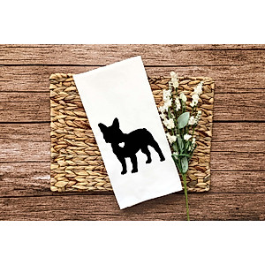 French Bulldog Silhouette Flour Sack Kitchen Towel with Hanging Loop - 100% Cotton - Funny Frenchie Bulldog Dish Cloth - Housewarming Hostess Birthday Christmas Mothers Day Gift Idea